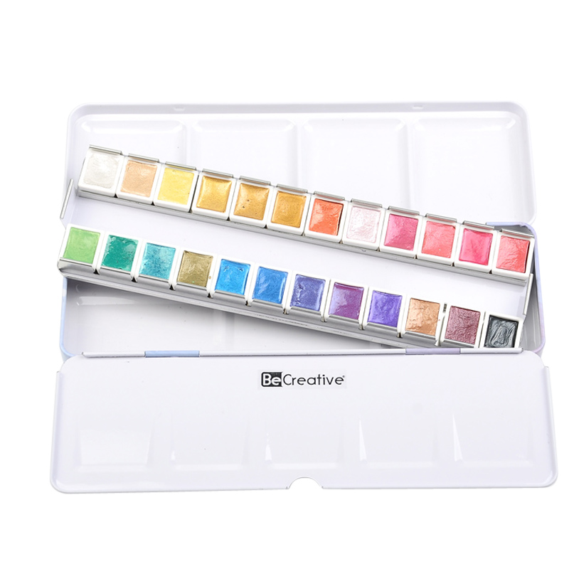 Metallic Watercolor Half Pan Set-24 colors with travel tin - Becreative